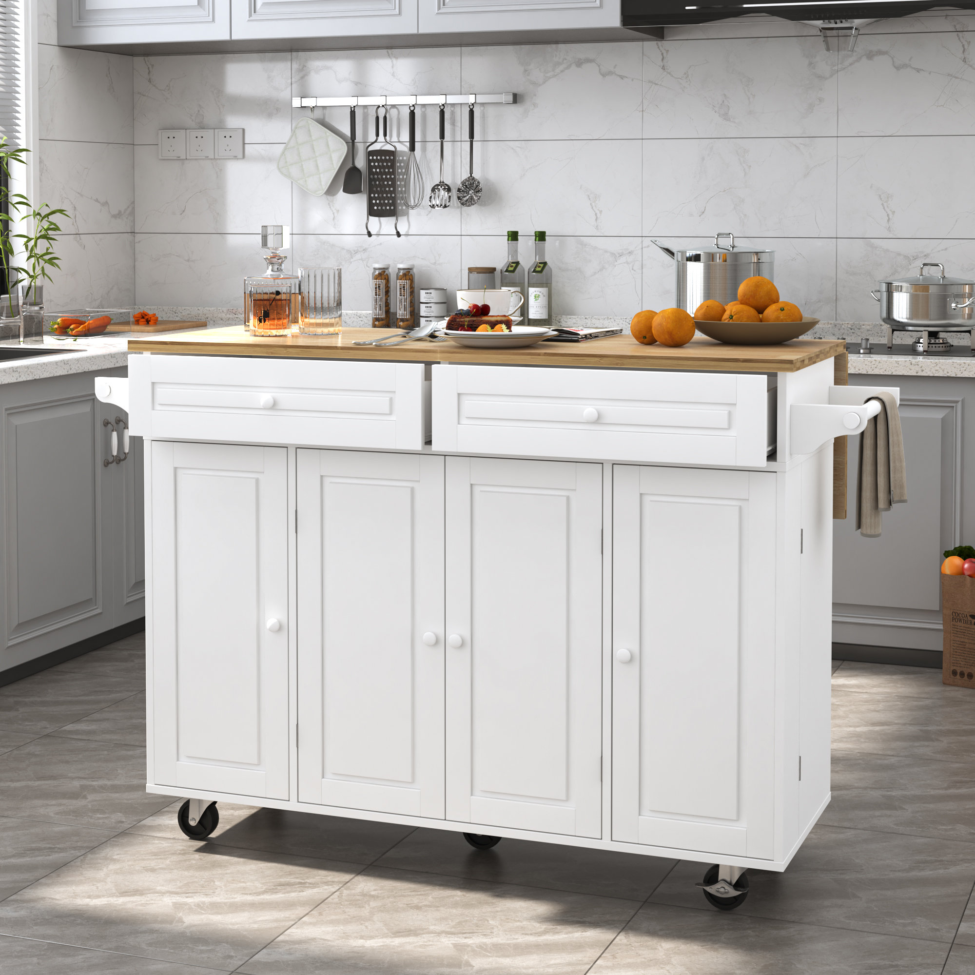 Winston Porter 55" Rolling Mobile Kitchen Cart With Drop Leaf, Rubber Wood Top Kitchen Island ...